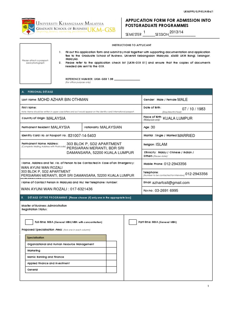 UKM Postgraduate Admission Application Form | PDF | Master Of Business ...