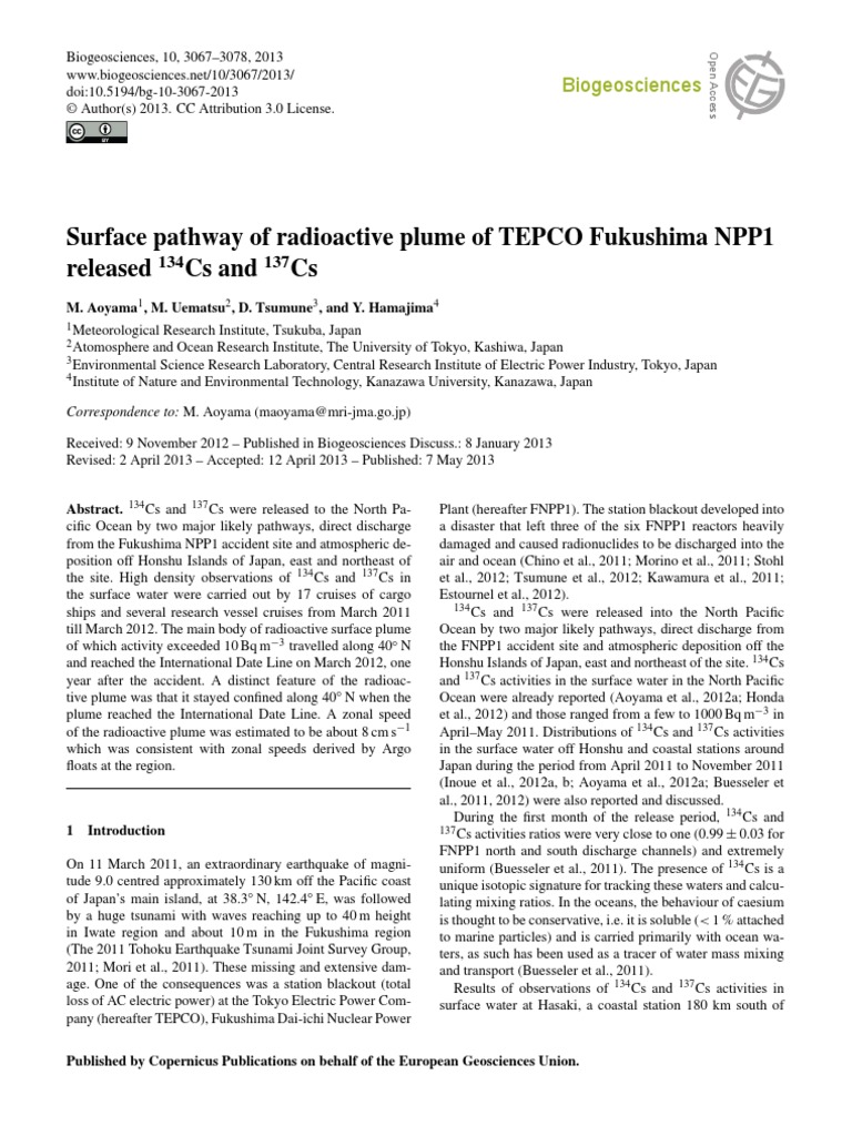 Surface Pathway of Radioactive Plume of TEPCO Fukushima NPP1 Released ...