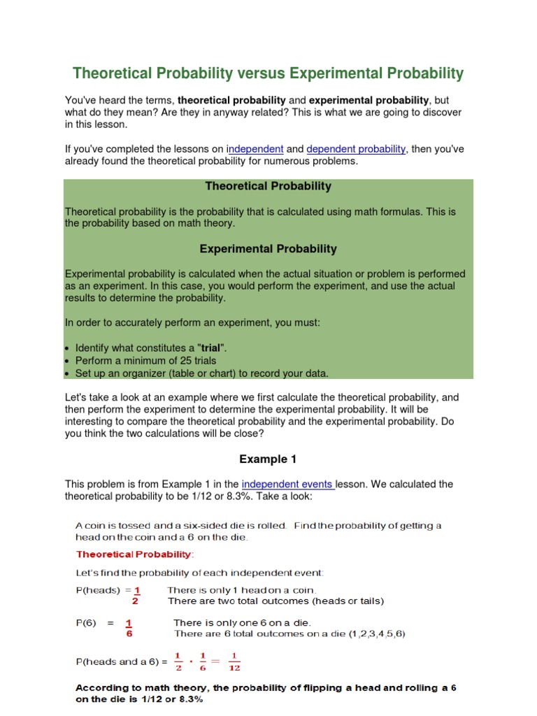 Theoretical Probability Versus Experimental Probability Pdf