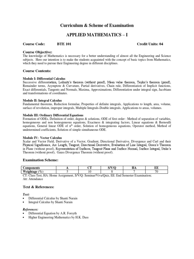 Curriculum & Scheme of Examination Applied Mathematics - I: Course Code ...
