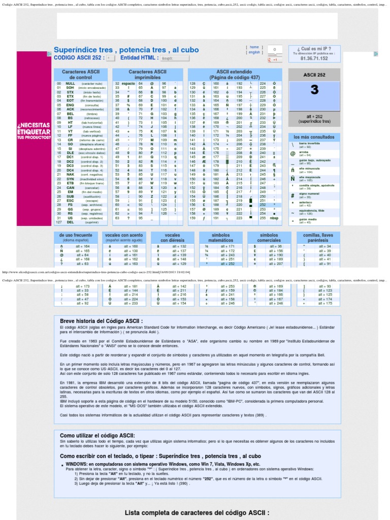 Codigo ASCII 252, Superíndice tres , potencia tres , al cubo, tabla con ...