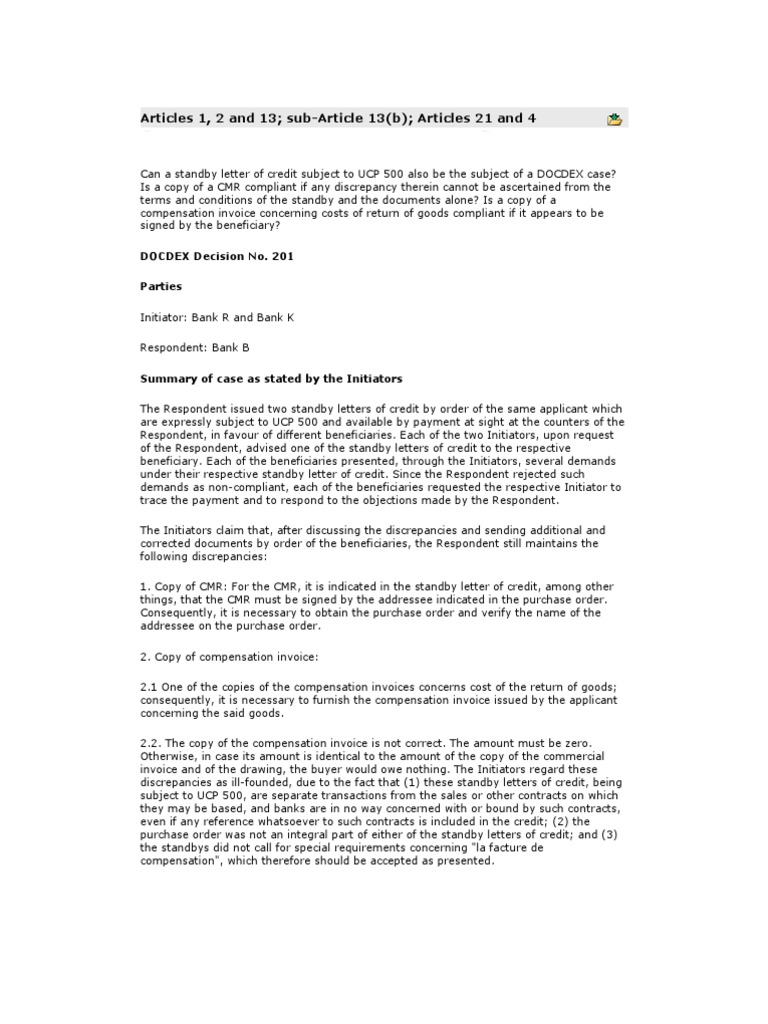DOCDEX Decision on Standby Letters | PDF | Letter Of Credit | Business Law