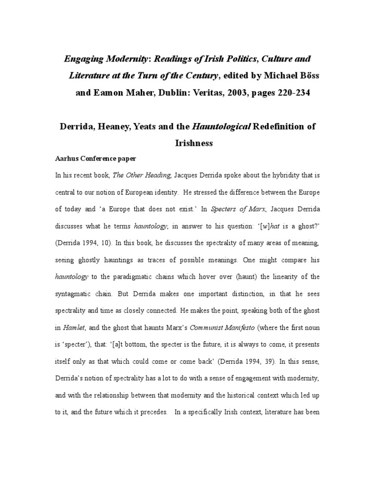 Derrida, Heaney, Yeats and The Hauntological Redefinition of Irishness ...