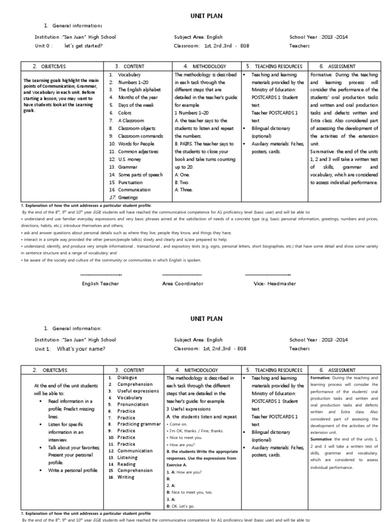 English A1 Unit Plan Overview | PDF | Reading Comprehension ...