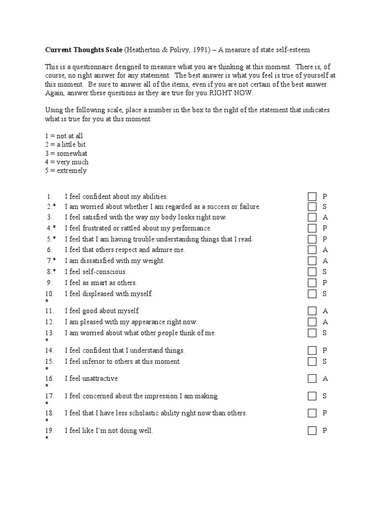 Current Thoughts Scale (Heatherton & Polivy, 1991) - A Measure of State ...