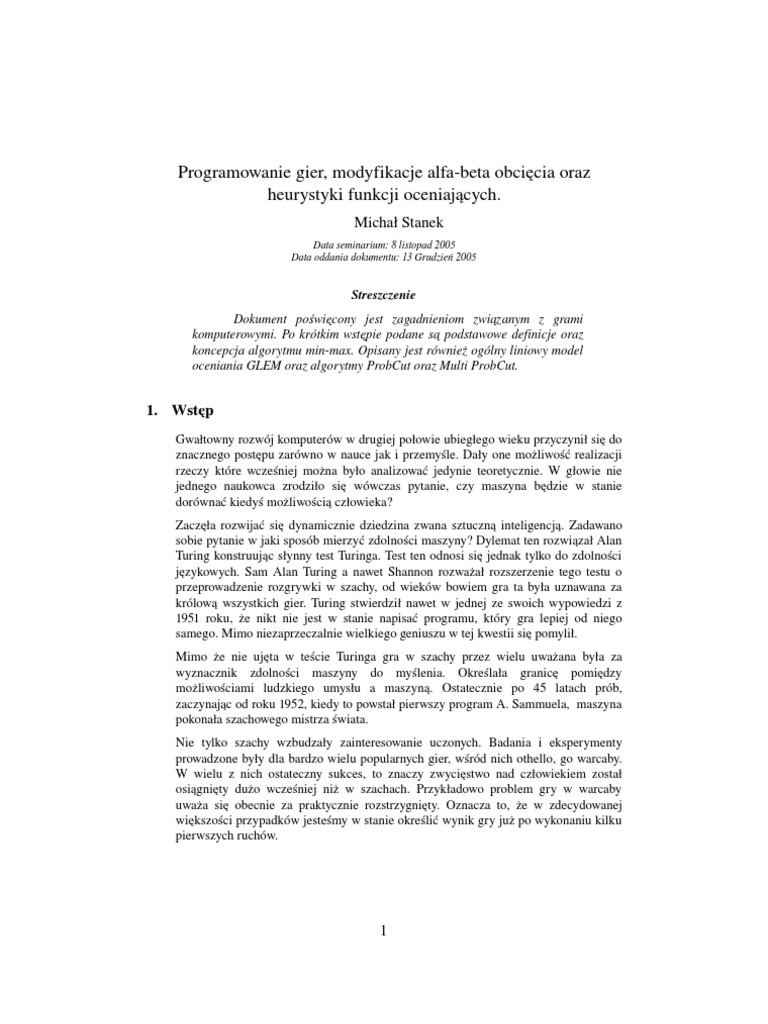 Programowanie Gier, Modyfikacje Alfa-Beta Obcięcia Oraz Heurystyki ...