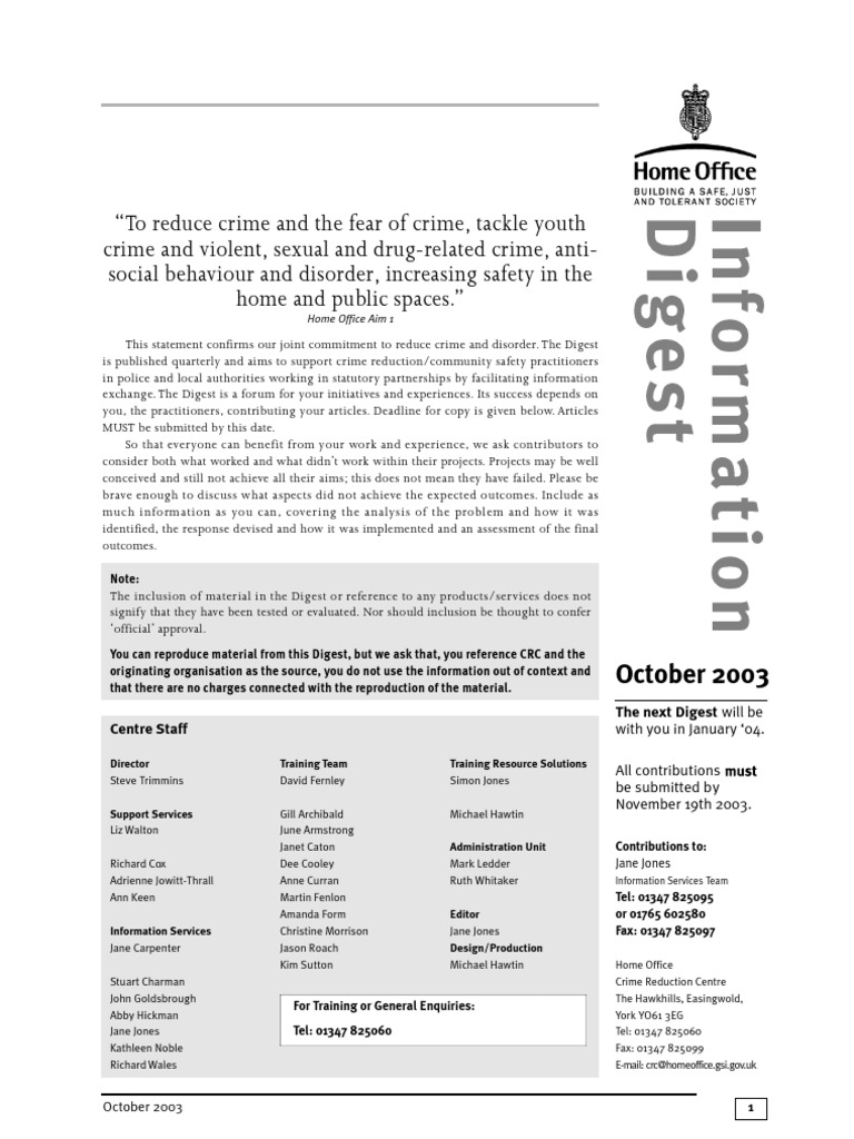 Crime Reduction Digest October 2003 | PDF | Crime Prevention | Deviance ...