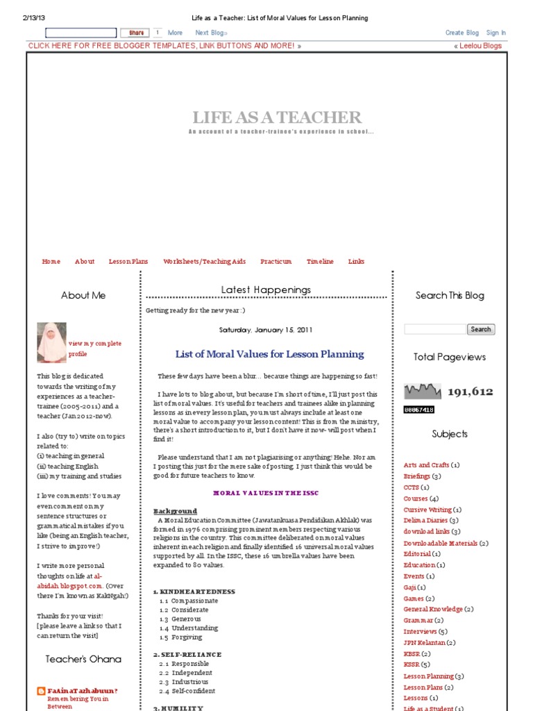 Moral Values for Lesson Planning | PDF | Cognitive Science | Cognition