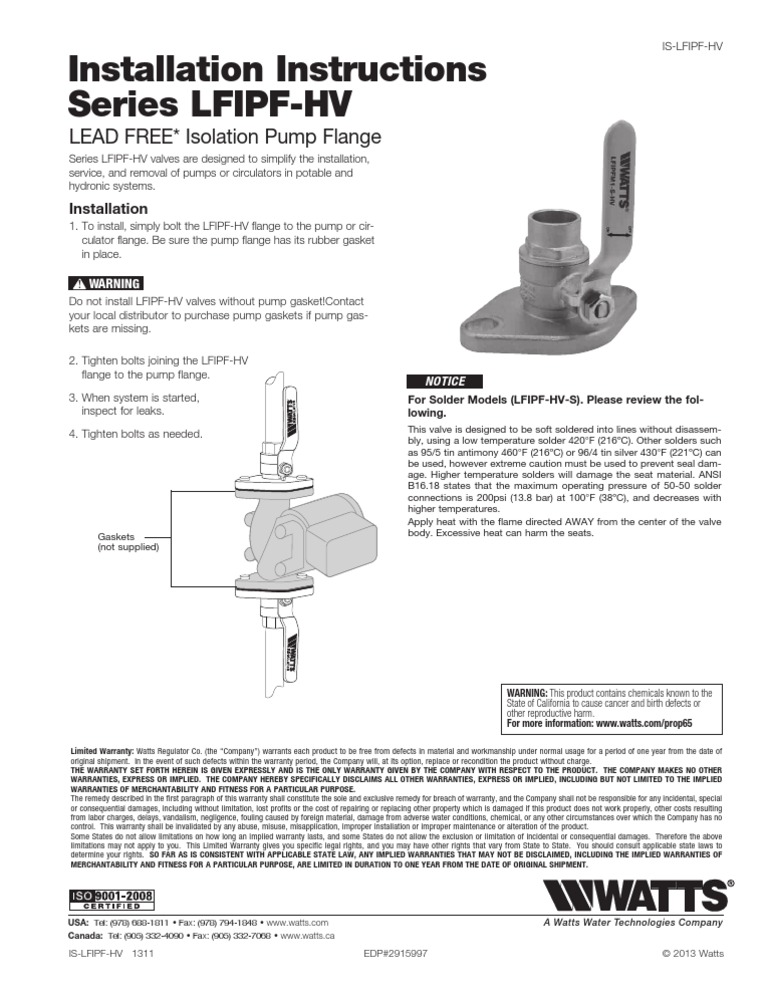 Installation Instructions Series LFIPF-HV: LEAD FREE Isolation Pump Flange | PDF | Implied ...