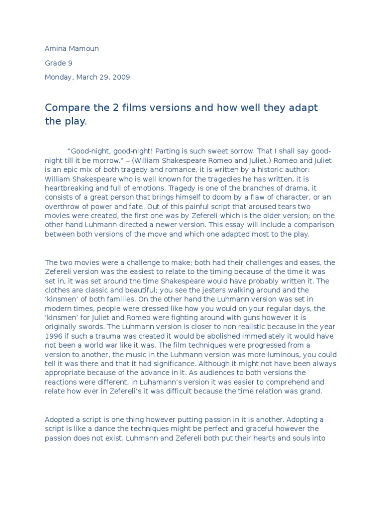 Romeo and Juliet Movie Comparison | PDF | Romeo And Juliet | Tragedy