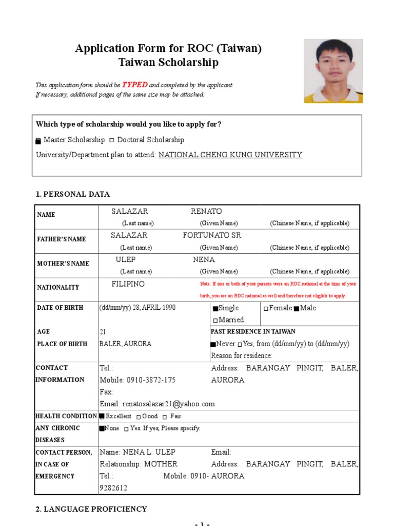 Application Form For ROC Taiwan Scholarship | PDF | College | Taiwan
