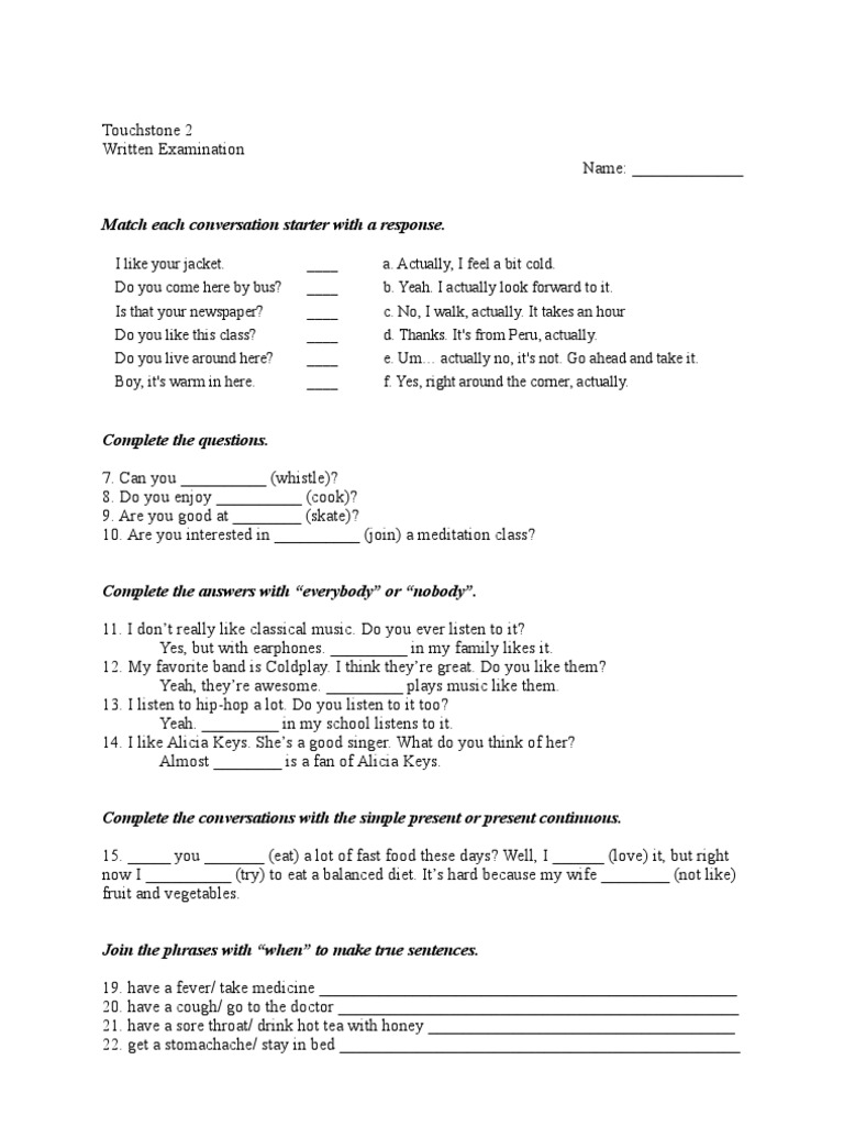 Touchstone 2 Answer Key Guide | PDF