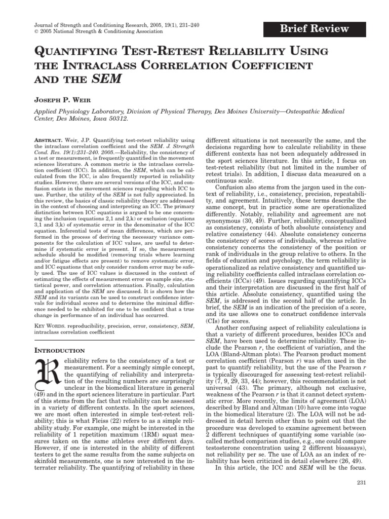 Quantifying Test-Retest Reliability Using The Interalass Correlation ...