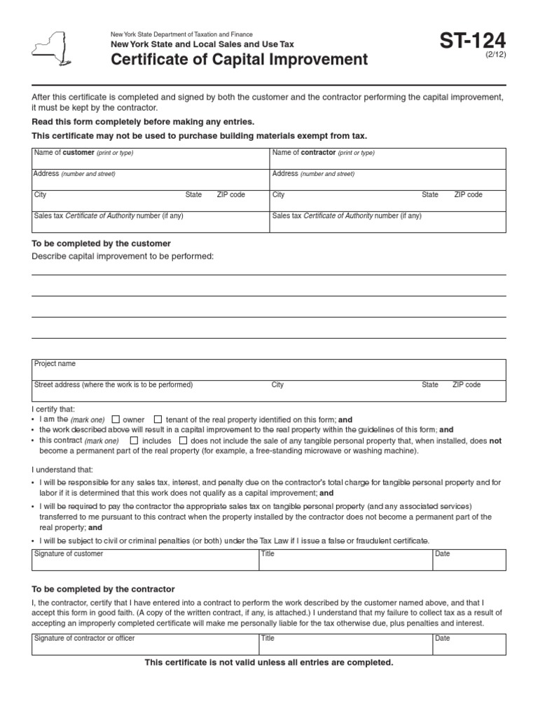 New York Capital Improvement Certificate | PDF | Flooring | Real Property