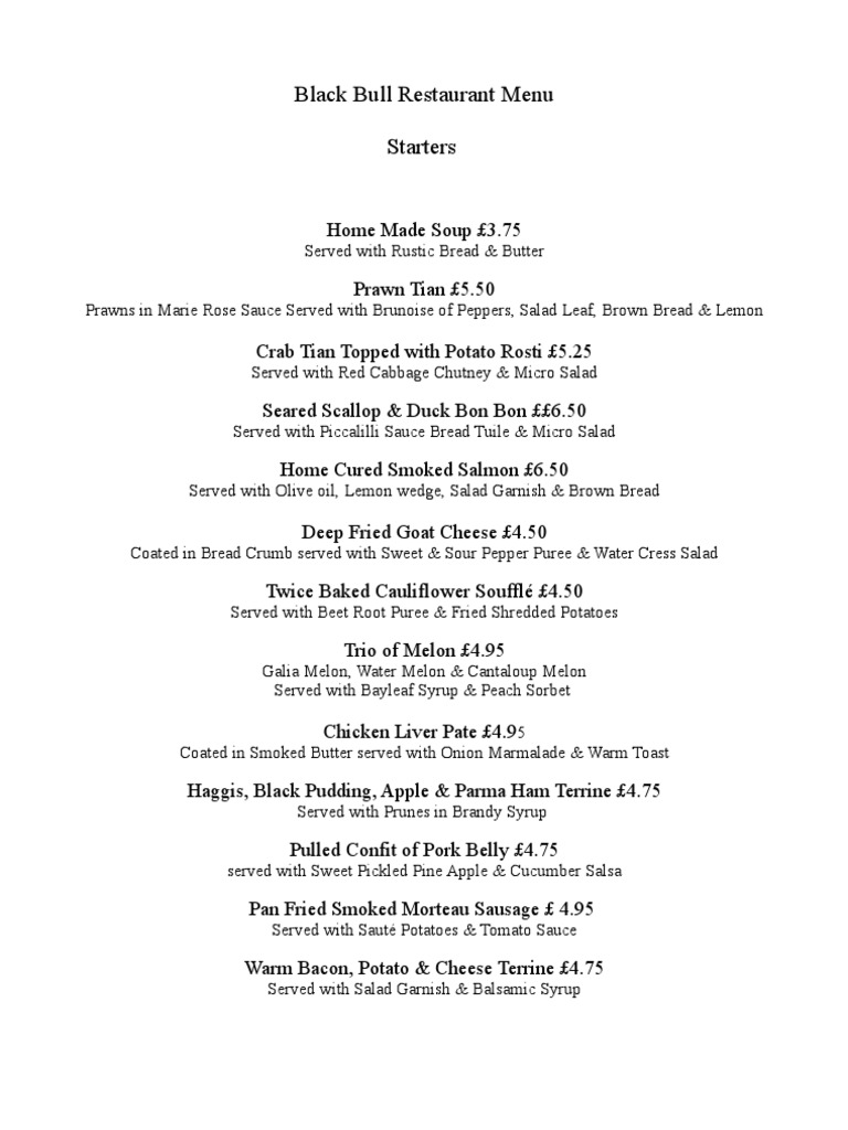Black Bull Menu | PDF | Grilling | Salad