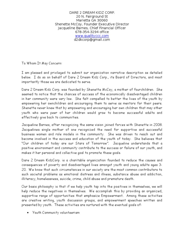 Dare 2 Dream Letter | Empowerment | Behavior Modification