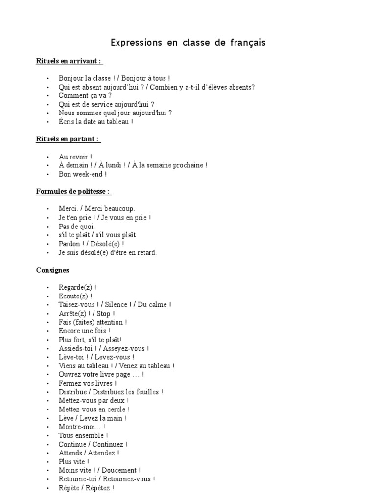 Expressions Utiles en Classe de Français | PDF