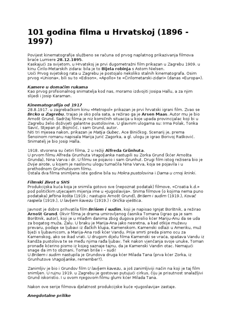 101 Godina Filma U Hrvatskoj Skripta | PDF