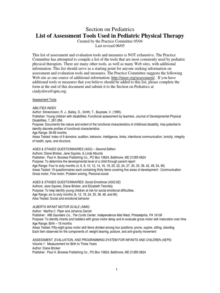 Pediatric Physical Therapy Assessment Tools | PDF | Developmental ...