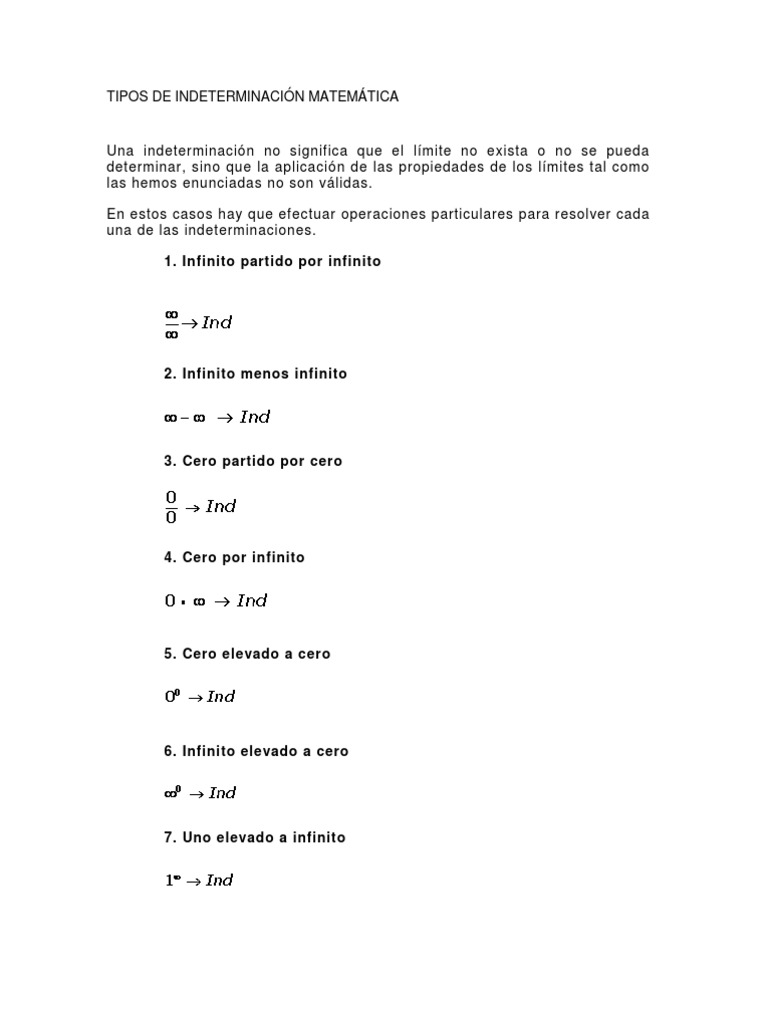 Tipos de Indeterminación Matemática | PDF | Derivado | infinito