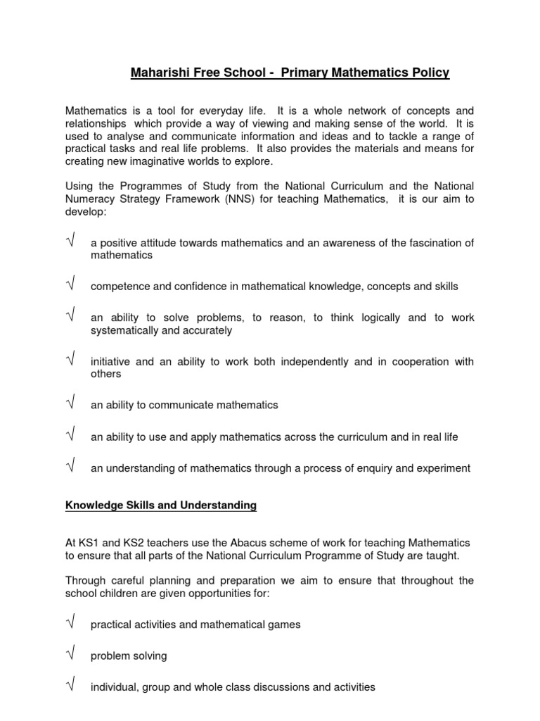 Maharishi Primary School Maths Policy | PDF | Educational Assessment ...