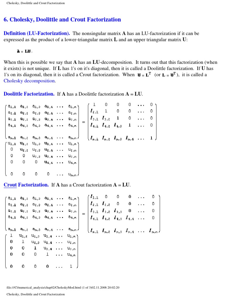 Chole Sky Pdf Factorization Matrix Mathematics