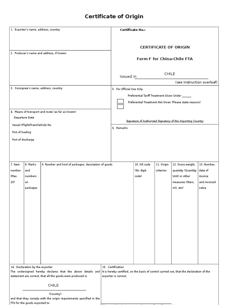 Formulario Certificado de Origen | Exports | International Business