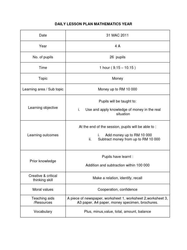 Addition and Subtraction of Money for 4th Grade | PDF | Lesson Plan ...