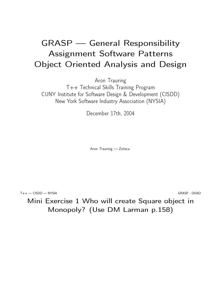 GRASP - General Responsibility Assignment Software Patterns Object Oriented Analysis and Design ...