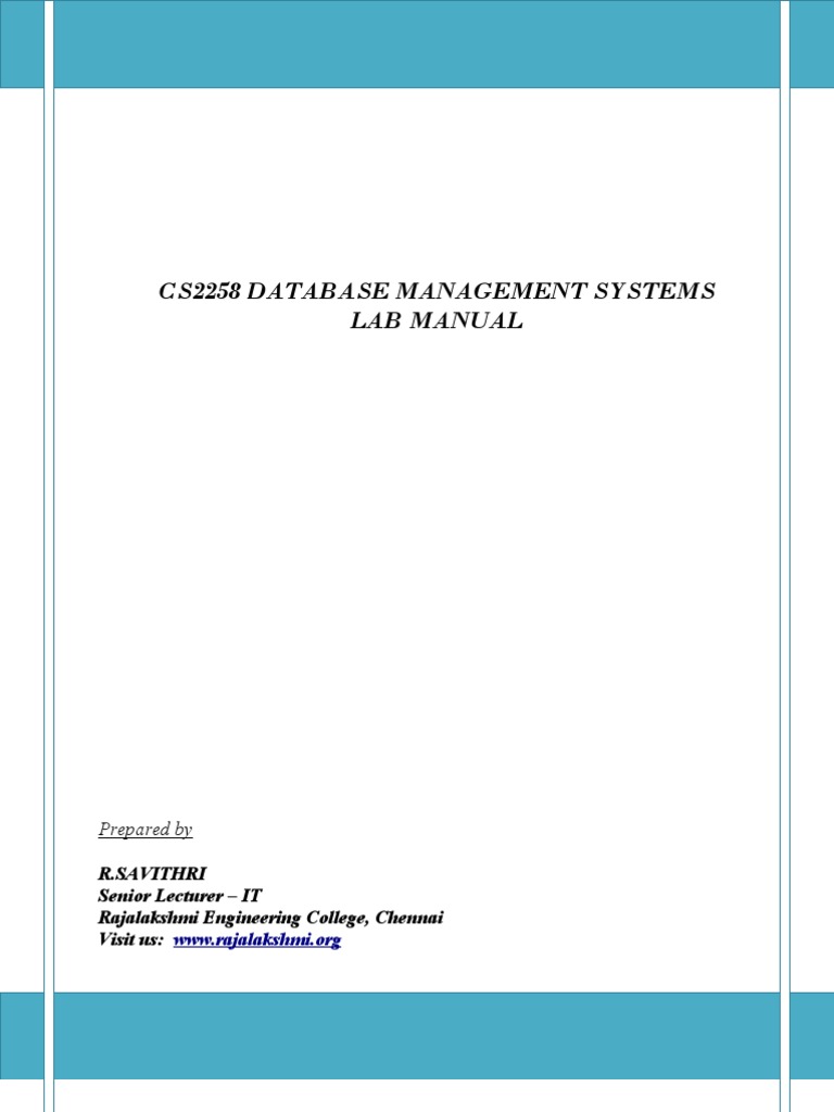 Cs2258 Database Management Systems Lab Manual: Prepared by | Download Free PDF | Sql ...