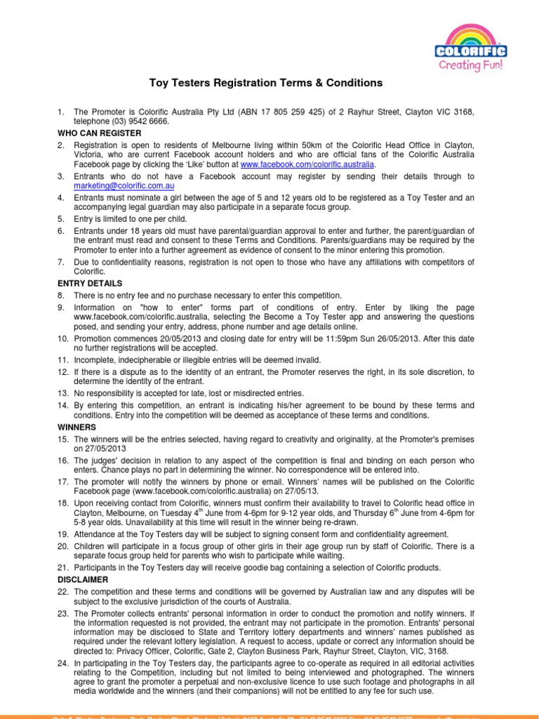 Toy Tester Registration Terms Australia | PDF | Tort | Guarantee