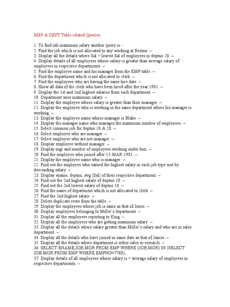 EMP & DEPT Table Query Guide | PDF | Salary | Employment
