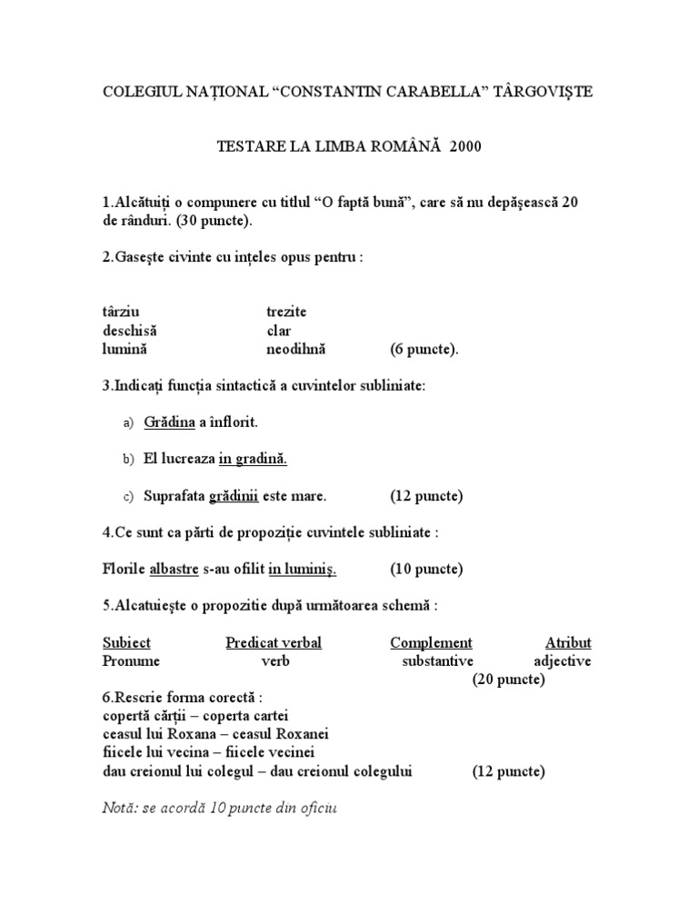 Teste Limba Romana Clasa A V A | PDF