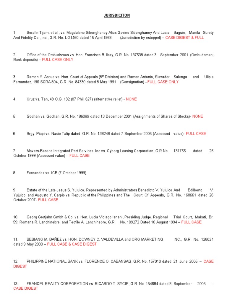 A Compilation of Philippine Case Law on Civil Procedure: Jurisdiction ...
