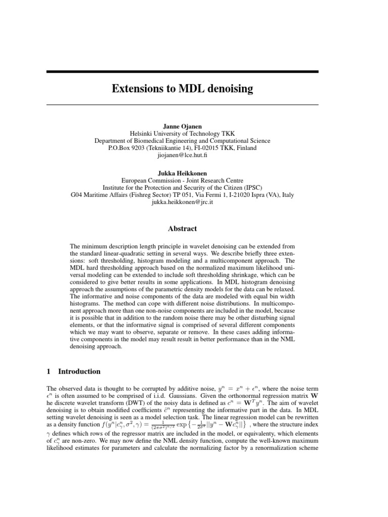 Extensions To MDL Denoising | PDF | Wavelet | Normal Distribution