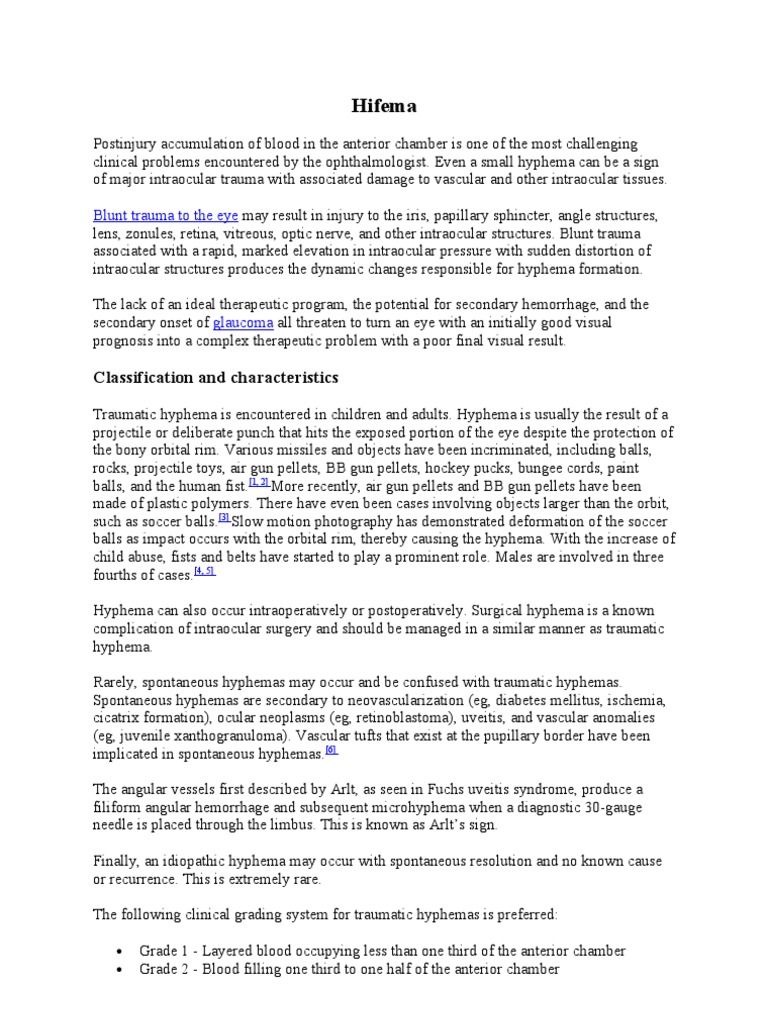 Hifema: Classification and Characteristics | PDF | Glaucoma | Cornea