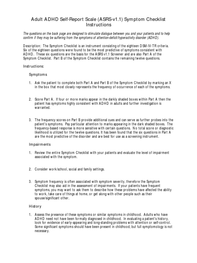 ASRS-v1.1 Adult ADHD Screening Tool | PDF | Adult Attention Deficit ...