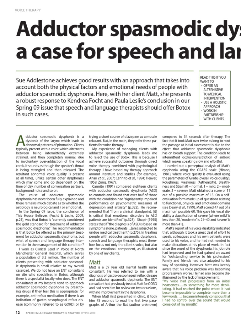 Adductor spasmodic dysphonia: a case for speech and language therapy ...