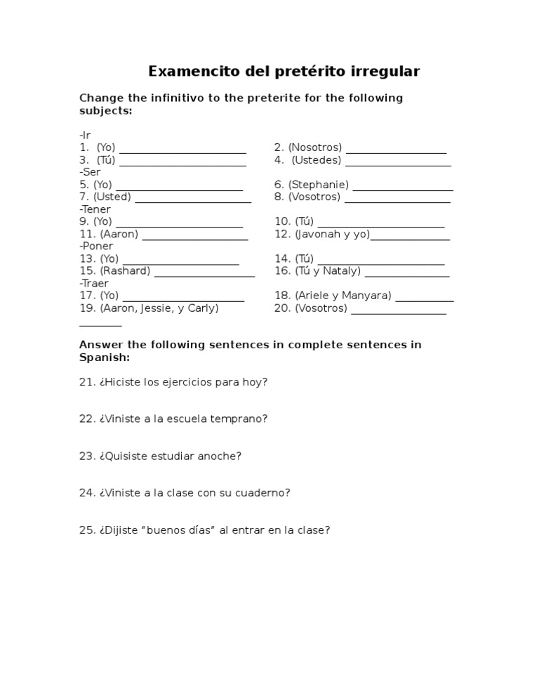 Examencito Del Pretérito Irregular | PDF