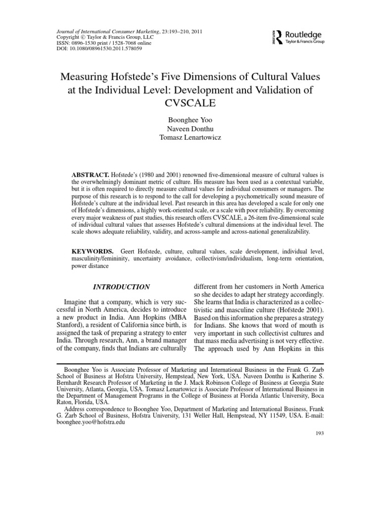 Measuring Hofstede's Five Dimensions of Cultural Values | PDF | Market ...