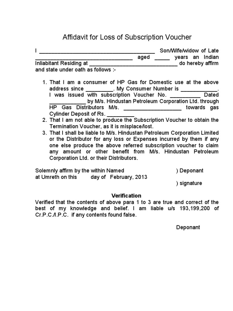 Affidavit for Lost Gas Subscription Voucher | PDF | Government | Business
