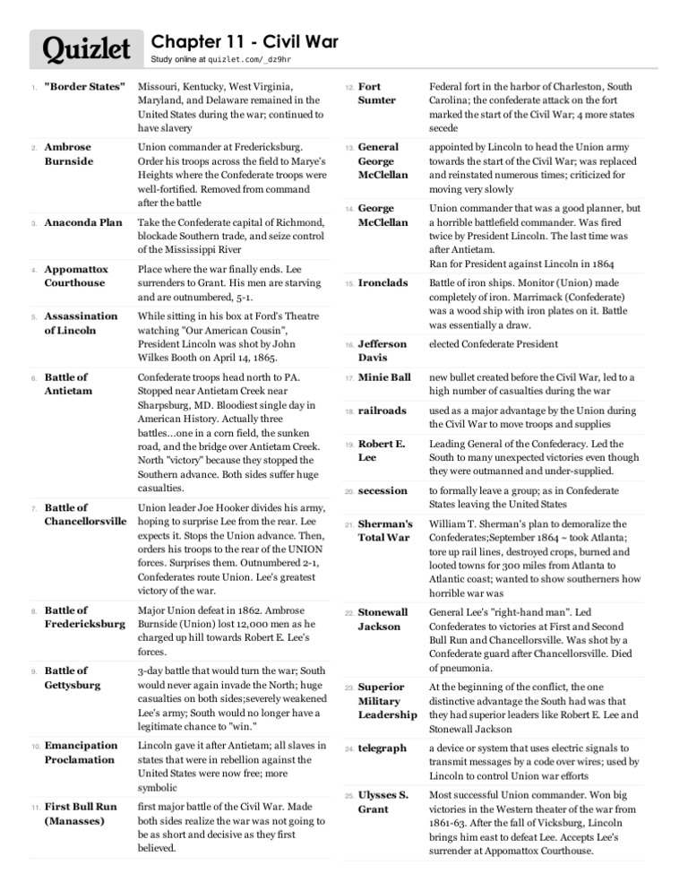 Chapter 11 Civil War Review Terms | PDF