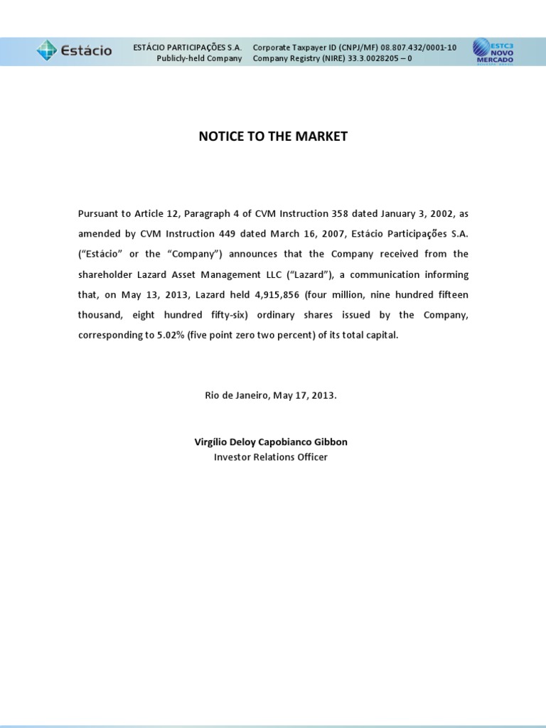 Estácio: Notice To The Market - Lazard Asset Management LLC S Interest ...