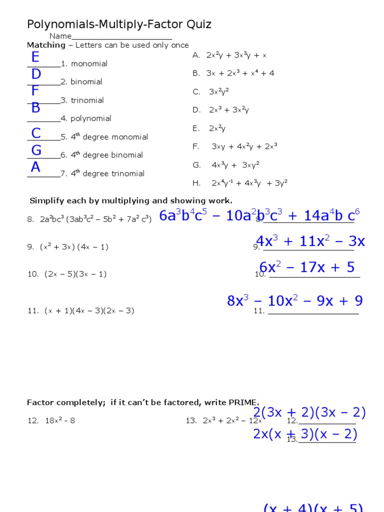 Polynomial Operations and Factoring Quiz | PDF
