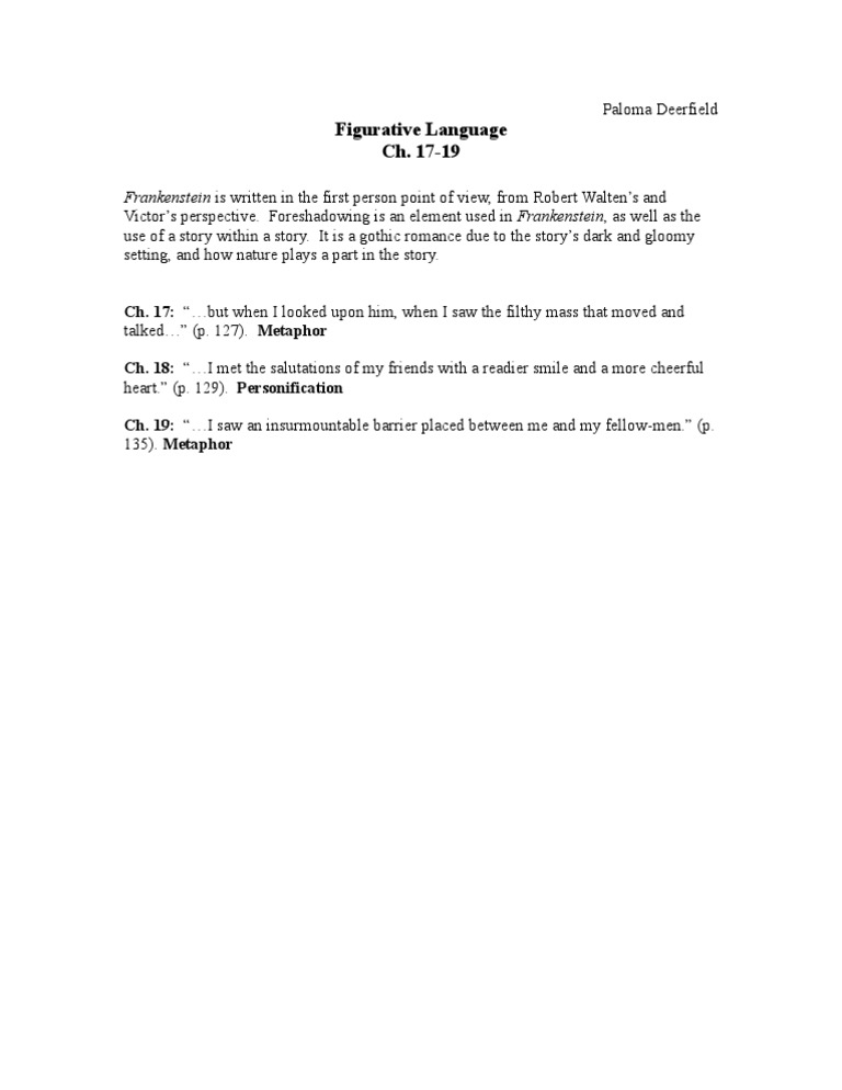 Figurative Language in Frankenstein Ch. 17-19 | PDF