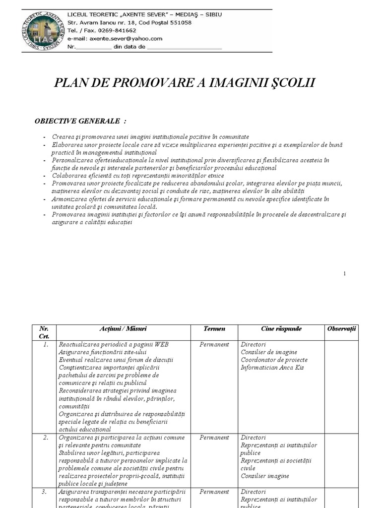 Plan de Promovare A Imaginii Scolii 2010 2011 | PDF