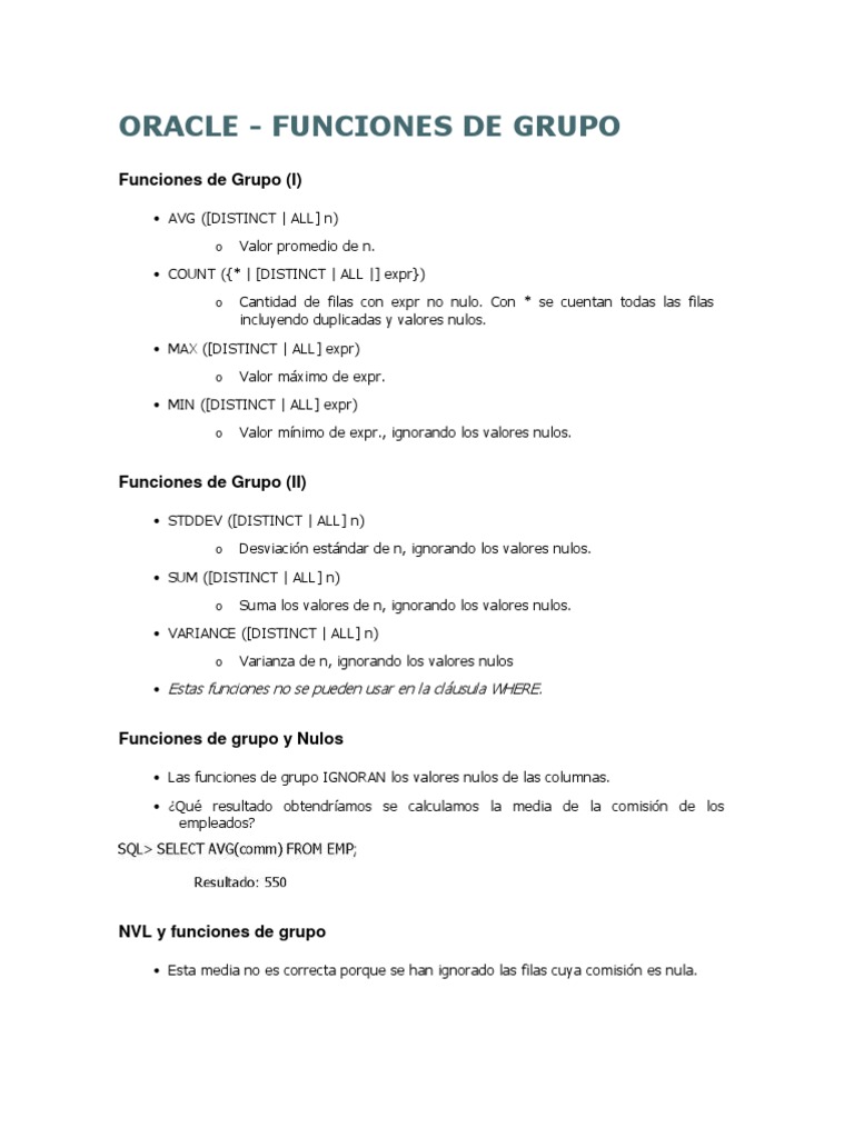 Oracle-Funciones de Grupo PDF | PDF | SQL | Áreas de informática