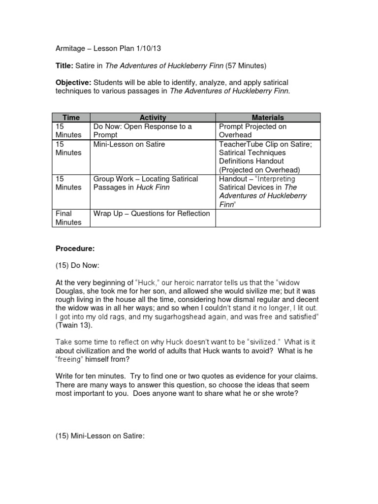 Lesson Plan - Satire in Huck Finn | PDF | Satire | Huckleberry Finn