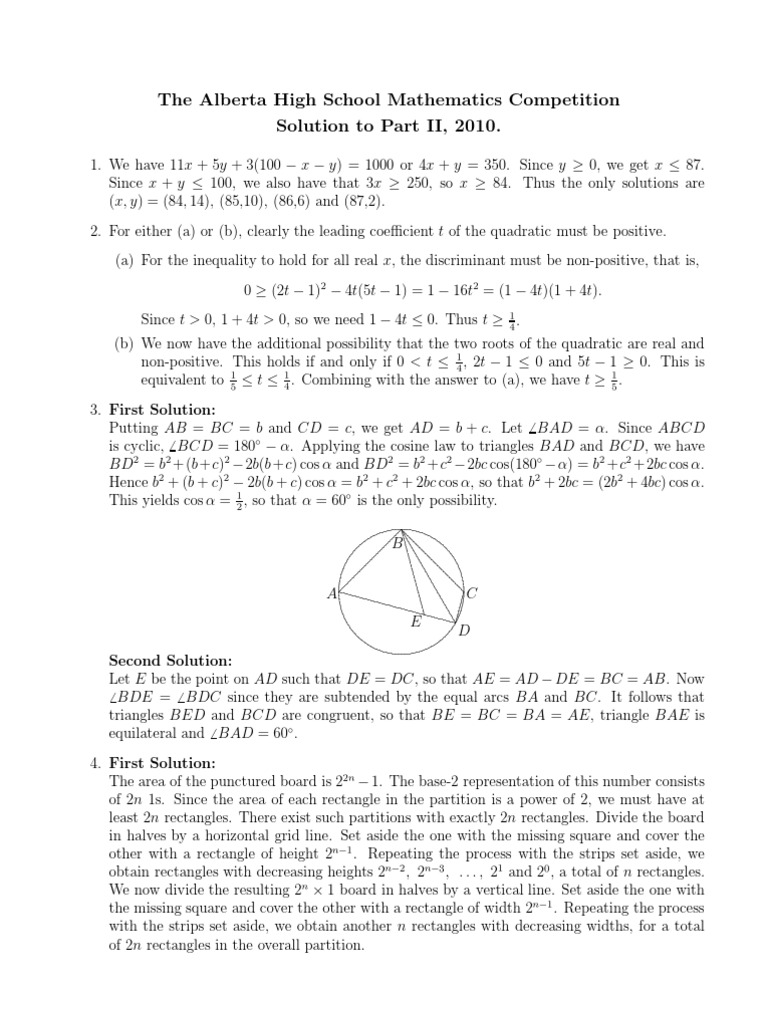 The Alberta High School Mathematics Competition Solution To Part II ...