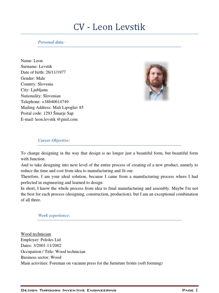 CV Leon Levstik ENG - PM | PDF | Carpentry | Engineering